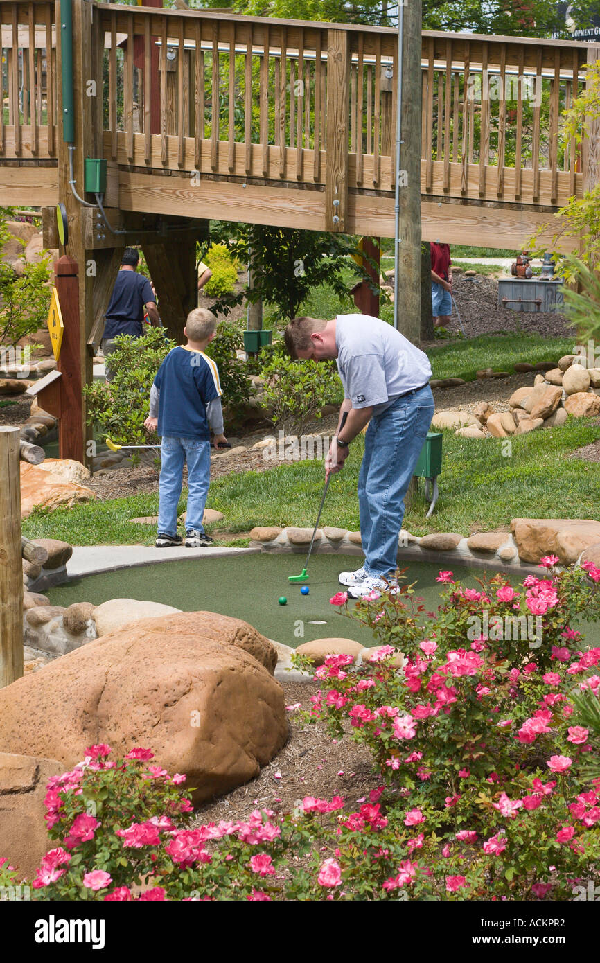 Family playing miniature golf while vacationing in Pigeon Forge ...