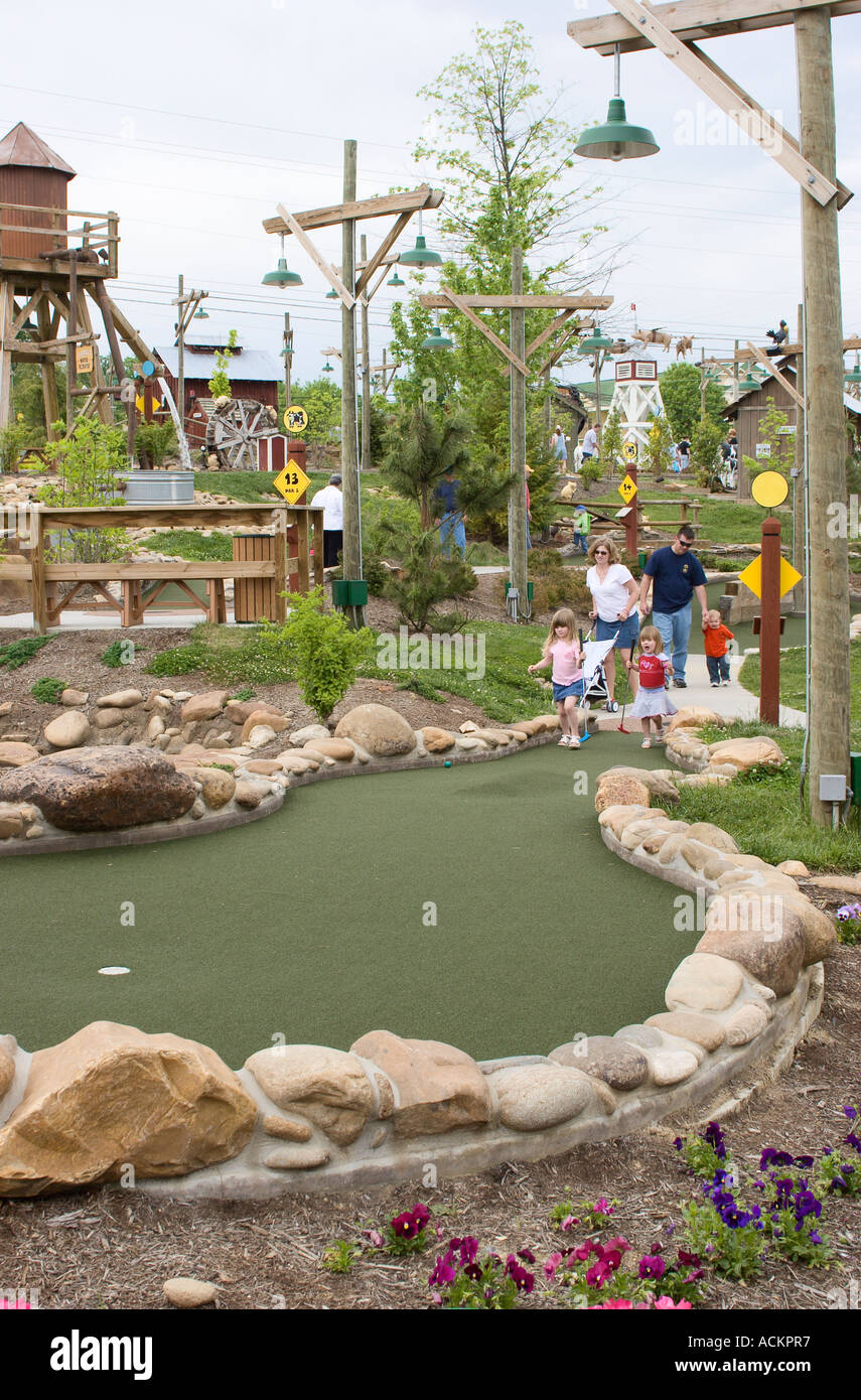 Family playing miniature golf while vacationing in Pigeon Forge ...