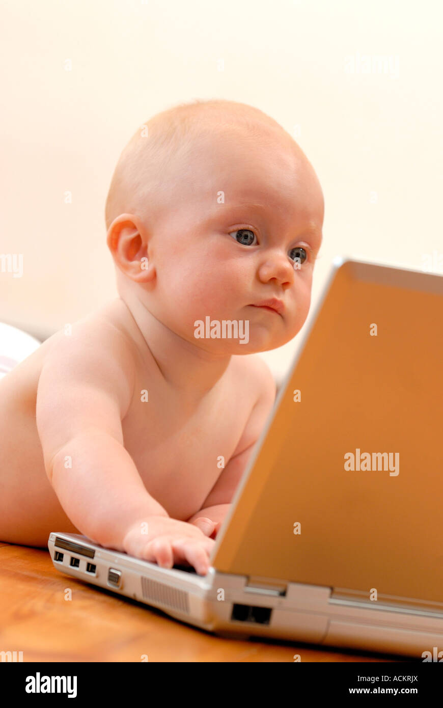 infant baby using laptop computer Stock Photo - Alamy