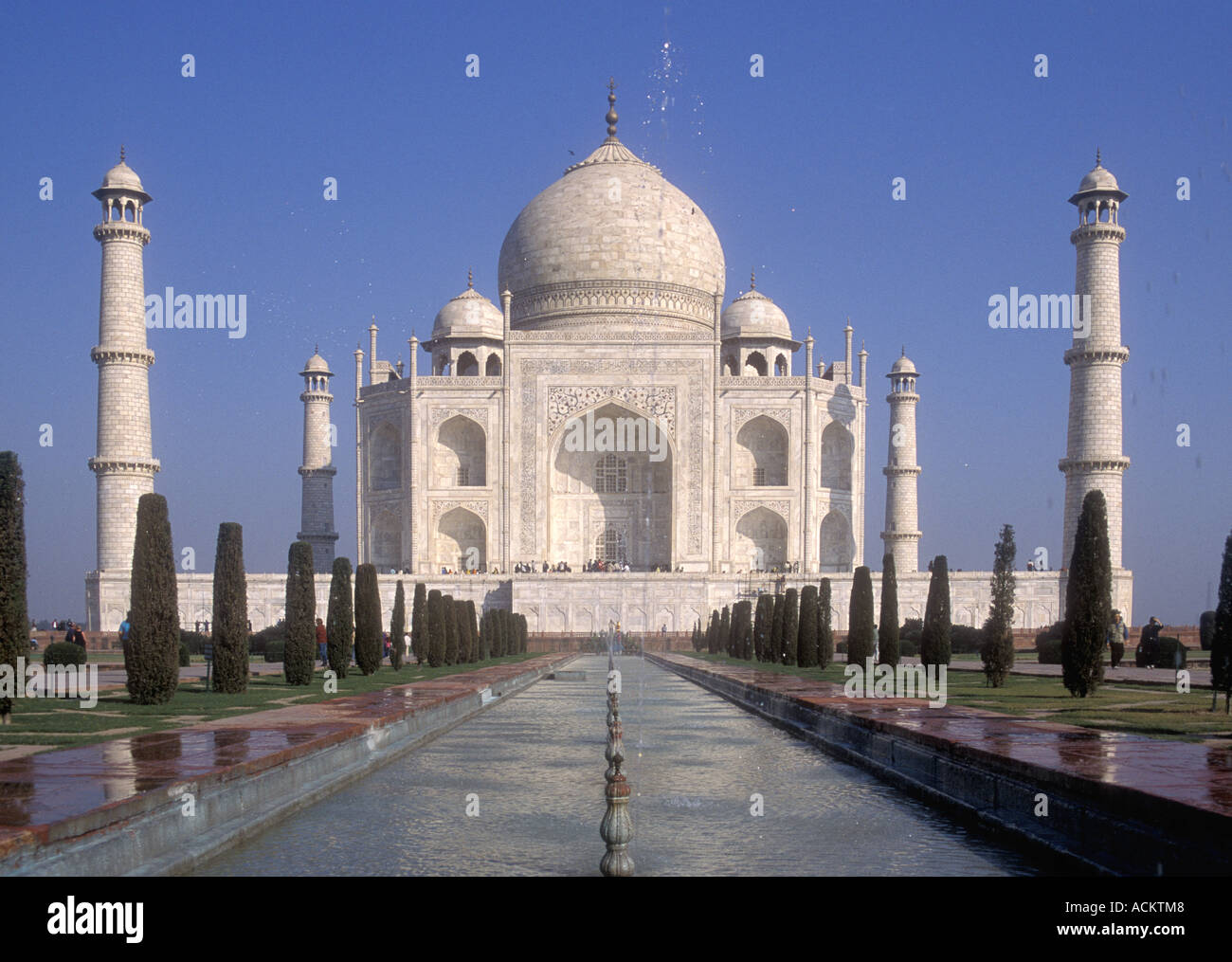 The Taj Mahal in beautiful early morning sunshine with a deep blue sky ...