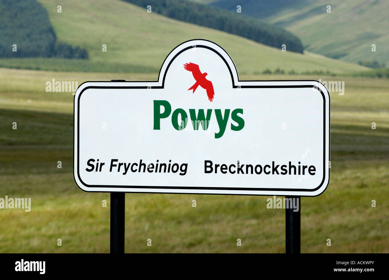 Bilingual POWYS BRECKNOCKSHIRE sign with red kite logo in Brecon ...
