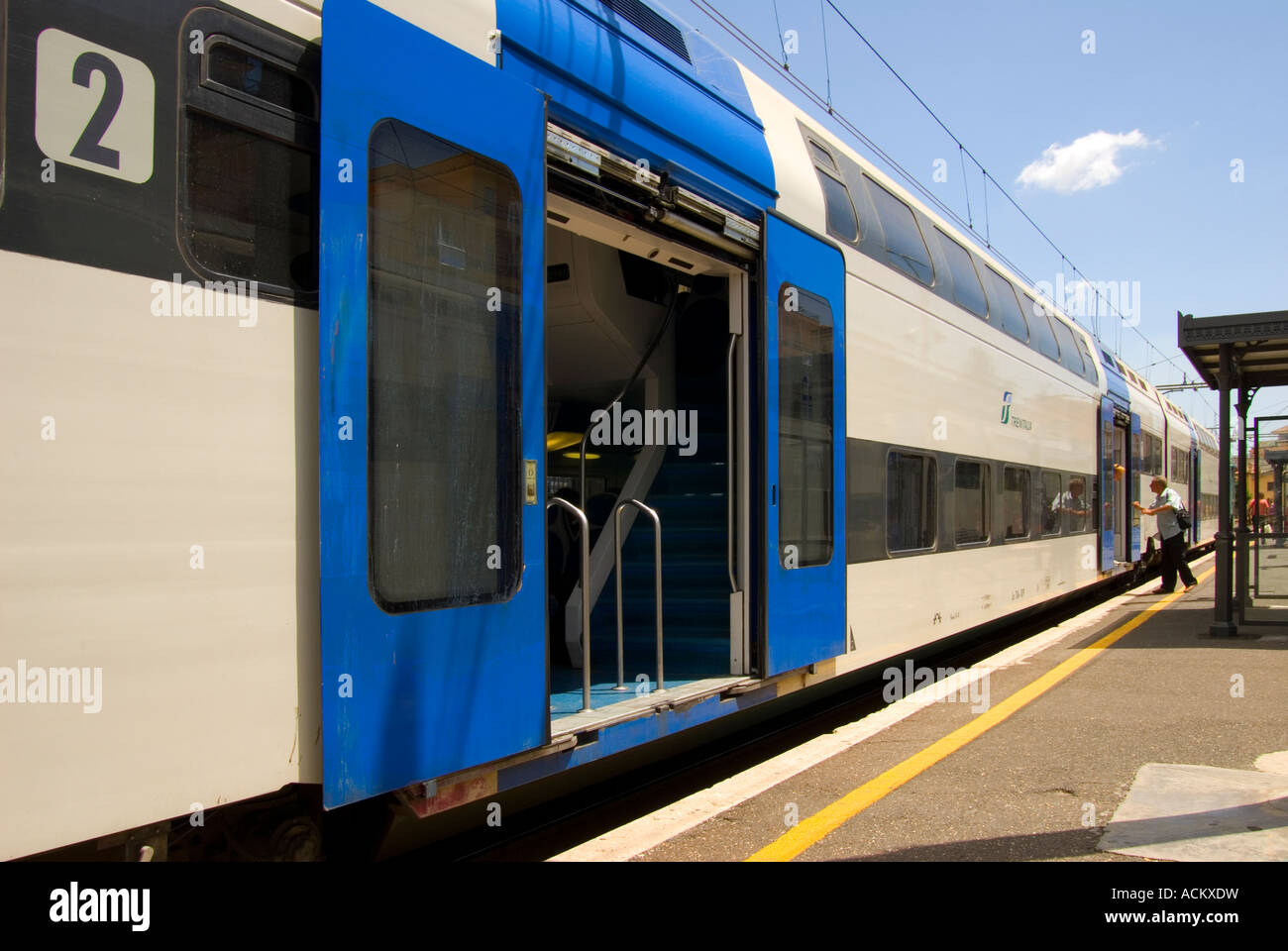 Bracciano, Lazio, Italy. Regional train at platform, 2nd class carriage ...