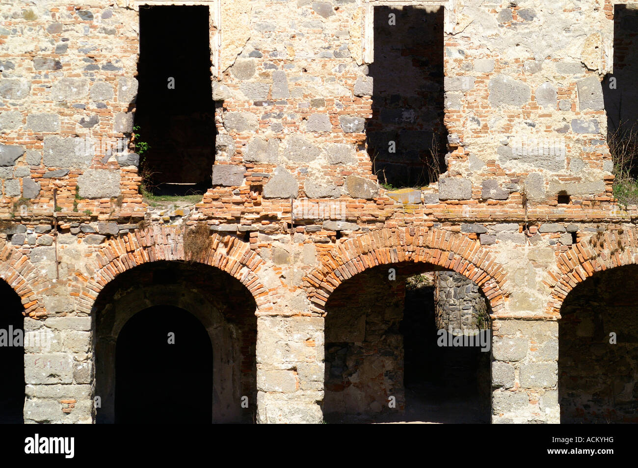 Brick wall facade of medieval castle ruin Viglas, Slovakia Stock Photo ...