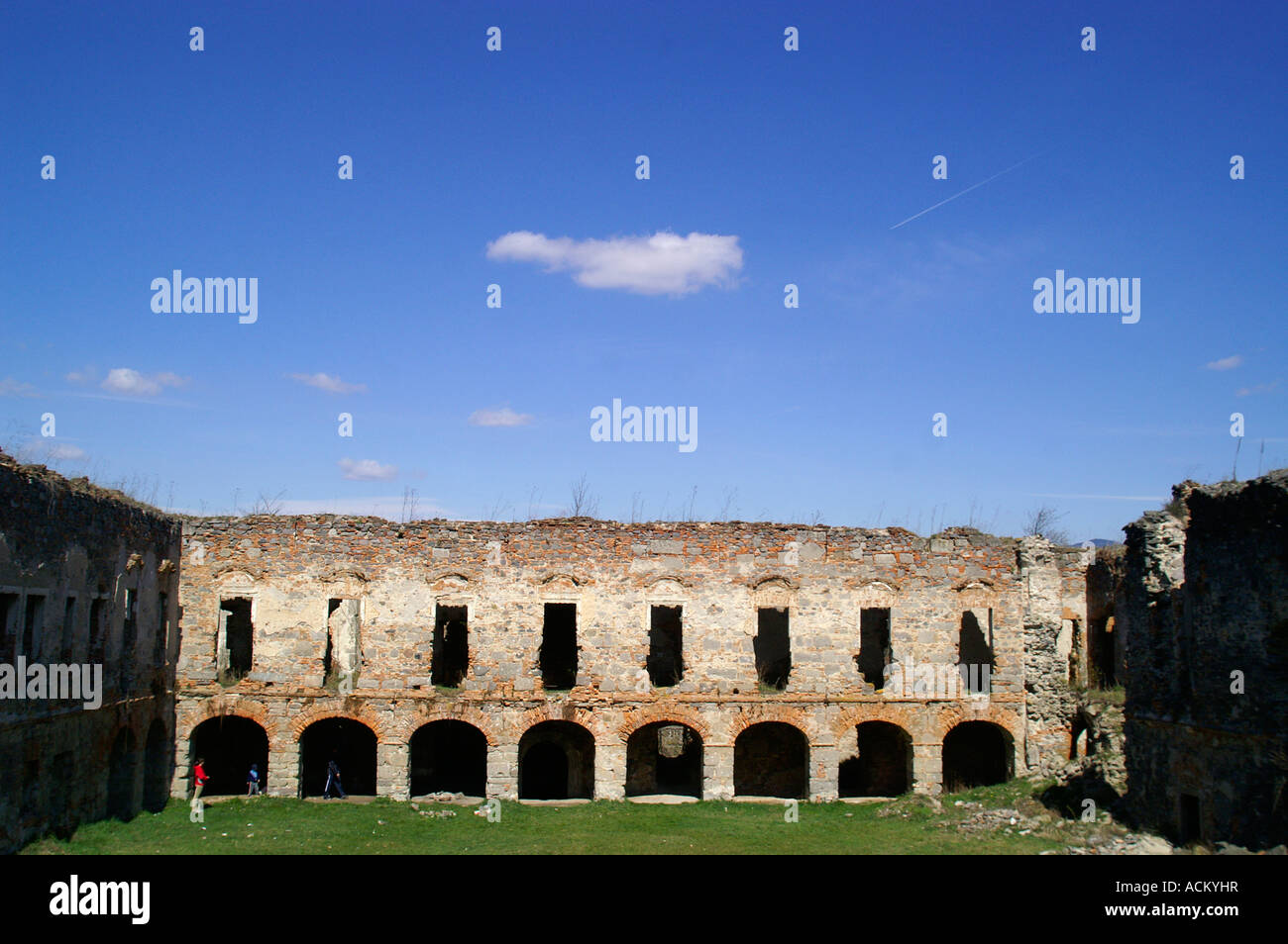 Brick wall facade of medieval castle ruin Viglas, Slovakia Stock Photo ...