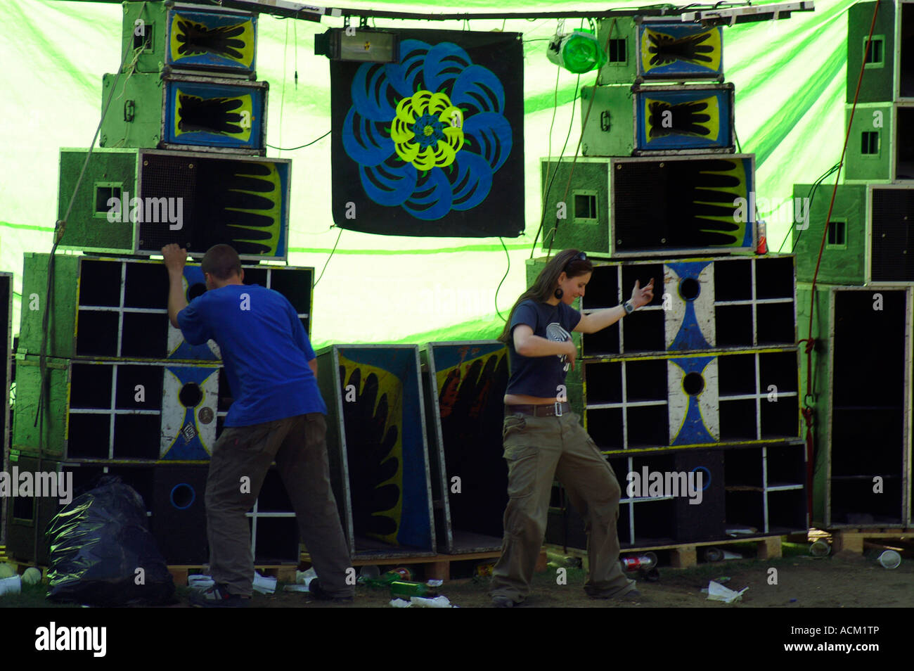 Music rack and speakers at main stage of technoparty at Sklabina castle ...