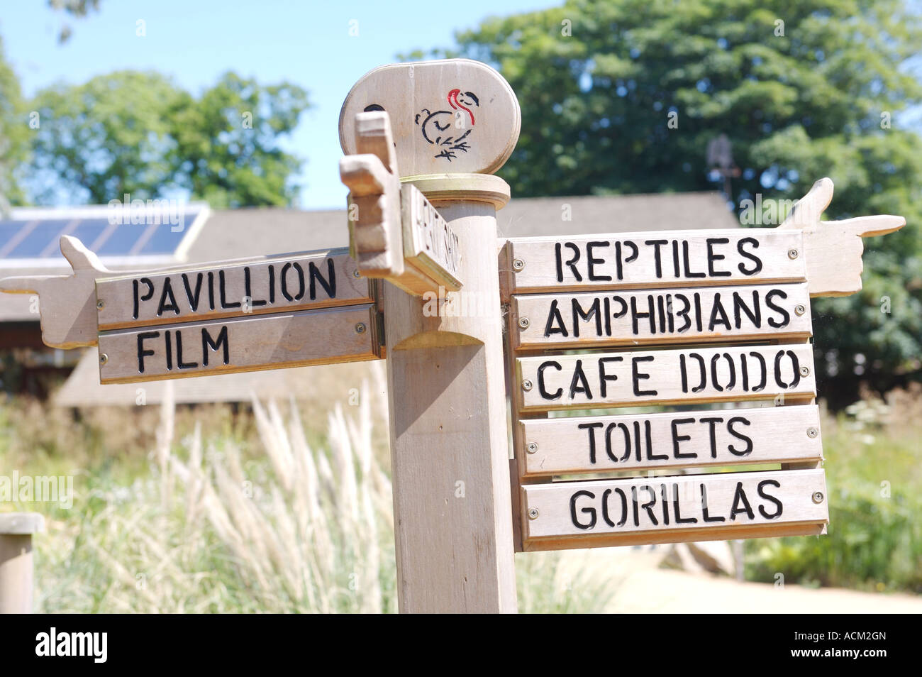 Sign post at Jersey Zoo Stock Photo - Alamy