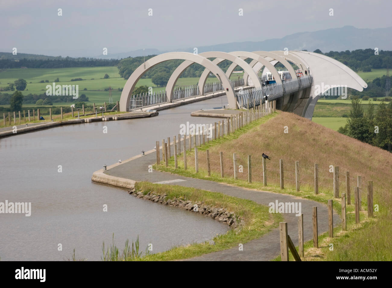 View of canal aqueduct and wheel mechanism Falkirk Wheel Scotland UK ...