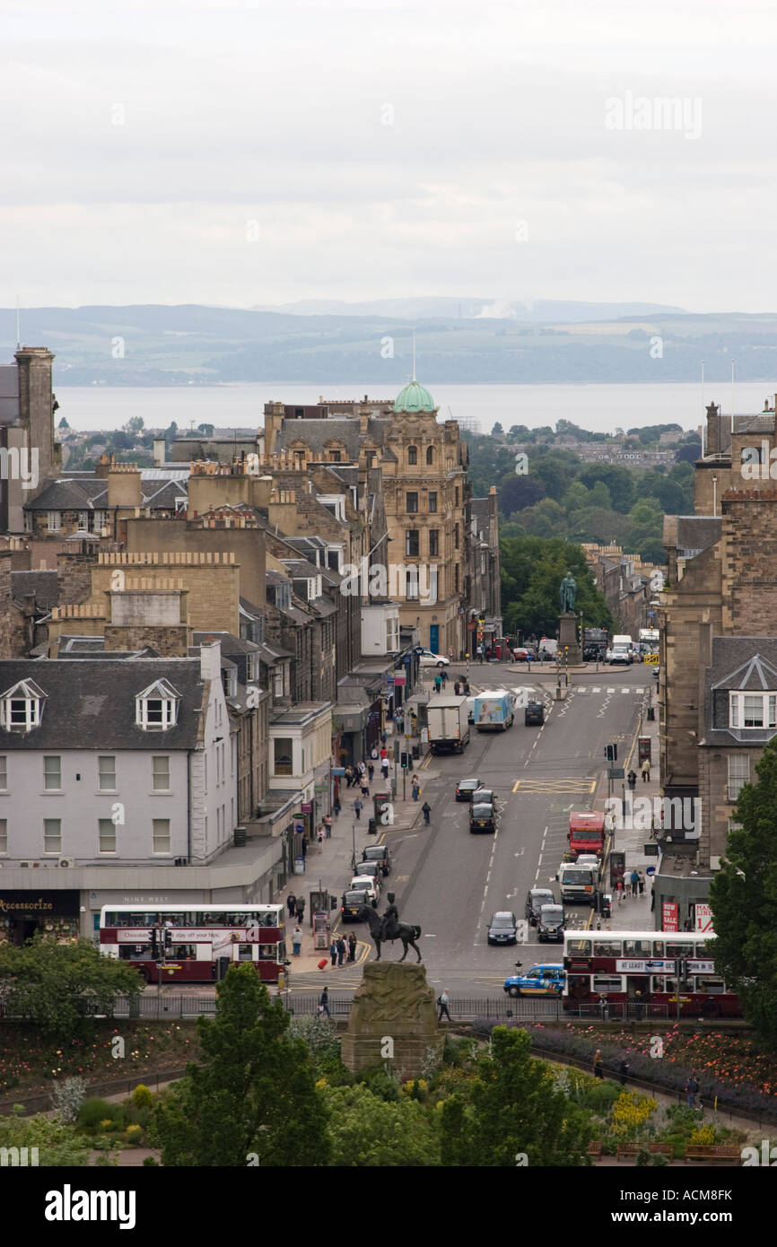 View from the castle north towards Princes Street and the Forth River ...