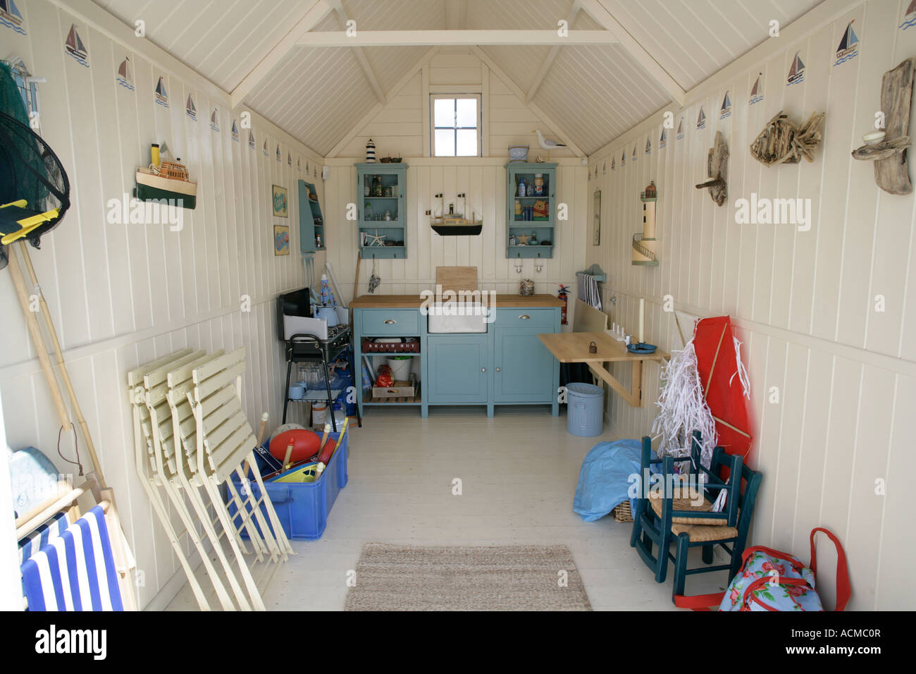 The interior of a newly built beach hut, Mersea Island, Essex, England ...