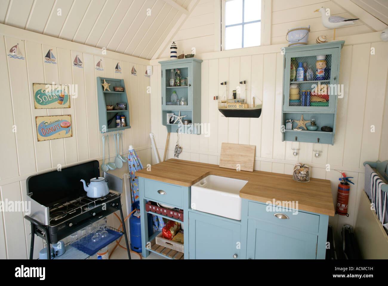 The interior of a newly built beach hut, Mersea Island, Essex, England ...