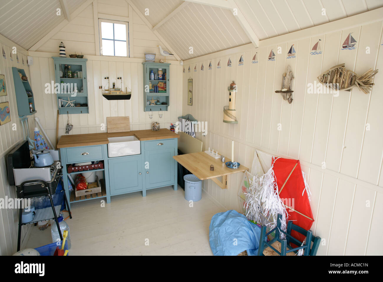The interior of a newly built beach hut, Mersea Island, Essex, England ...