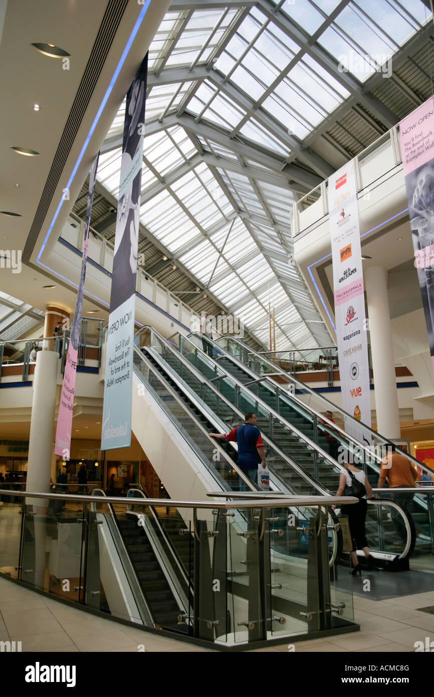 Escalators at Lakeside shopping centre, Thurrock, Essex England UK ...