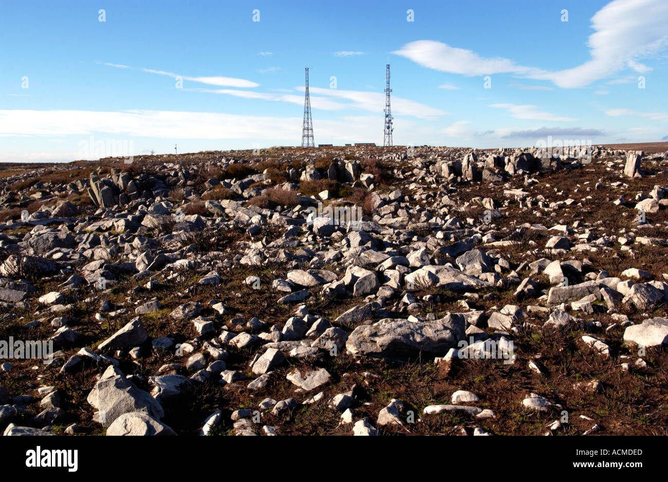 Limestone rocks exposed after fire devastated this heather moorland in ...