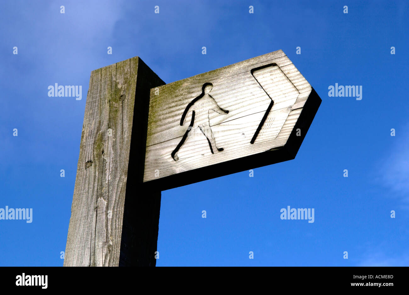 Fingerpost footpath direction sign against blue sky in the Brecon ...