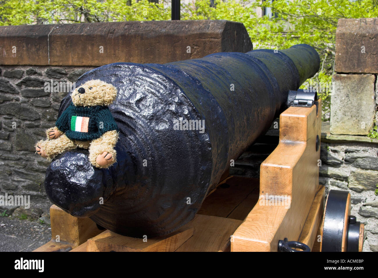 Blarni an Irish bear sitting on a cannon on the city walls in Derry Co ...
