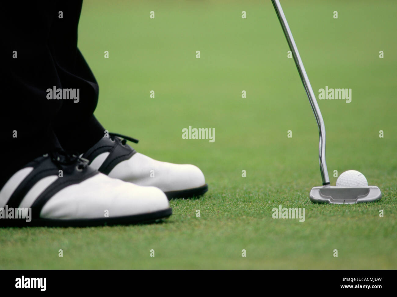 A close up of a golfers shoes putter and ball on an english golf course ...