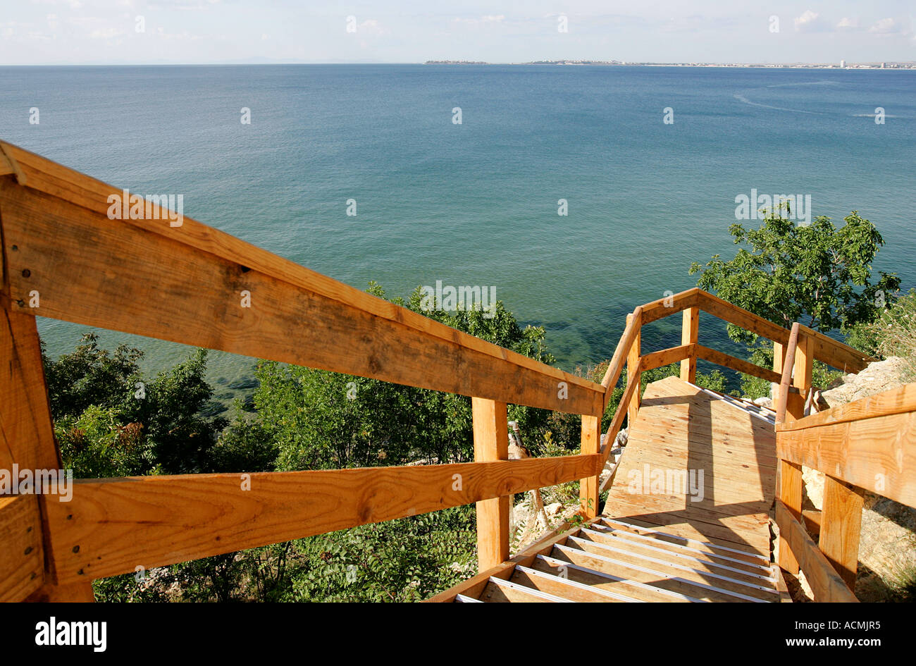Wooden staircase stairs flight of stairs wood timber blue sky infinity ...