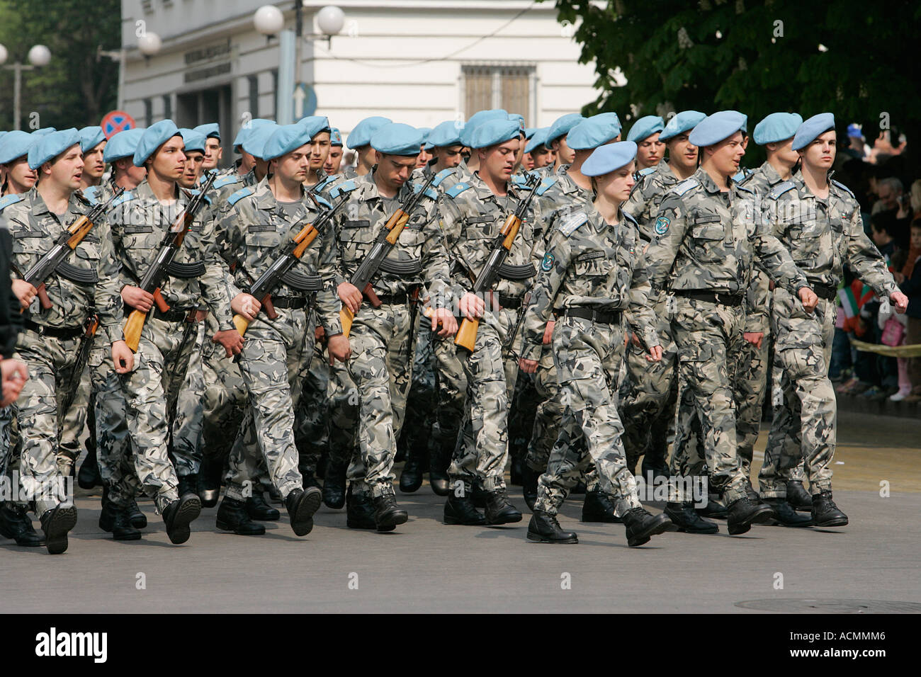 Guardsmen march in step at military parade column Officer Cadets ...