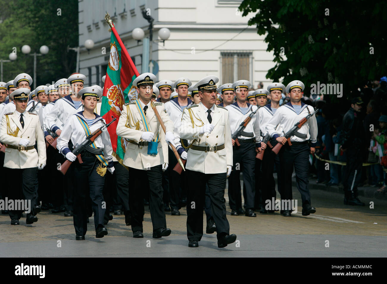 Guardsmen march in step at military parade column Officer Cadets ...