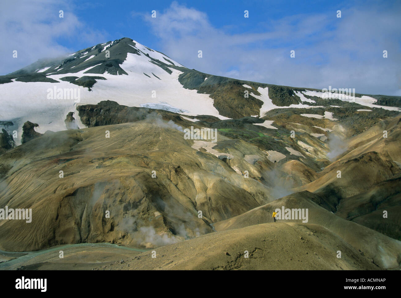 Iceland, Interior Highlands, , Man hiking in the landscape ...