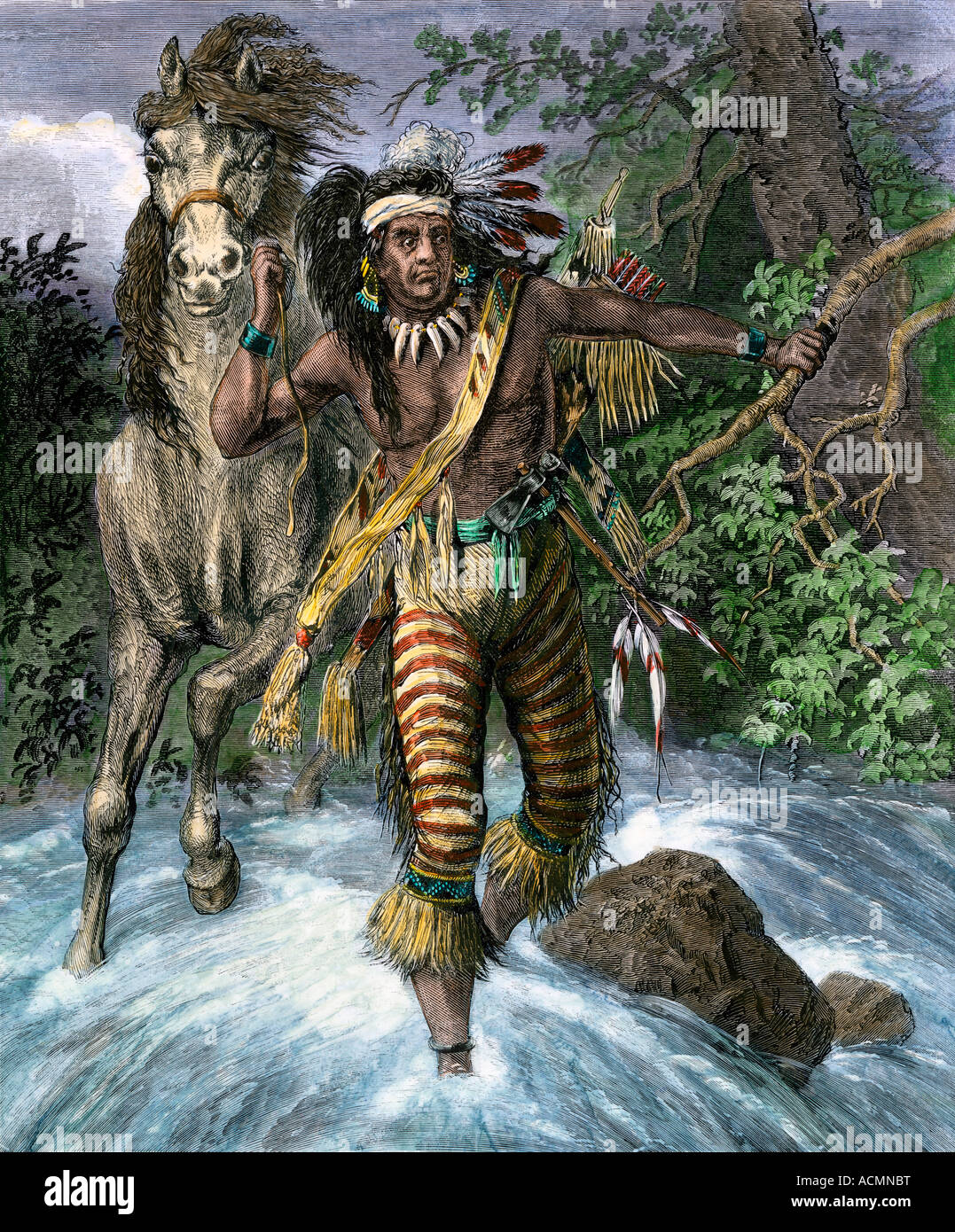 Chief Sitting Bull eluding pursuers by leaving no trail in a rushing ...