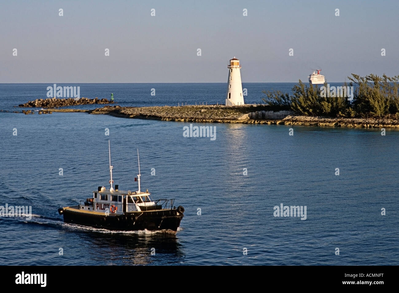 Historic lighthouse at the entrance to the harbor of Nassau Bahamas ...