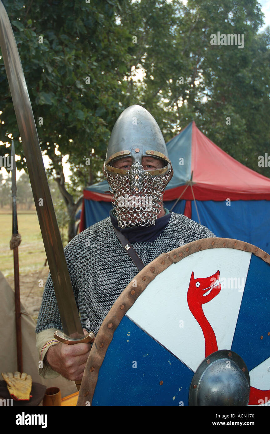 Helmet and chain mail facial armour on Viking dragon shield sword dsc ...
