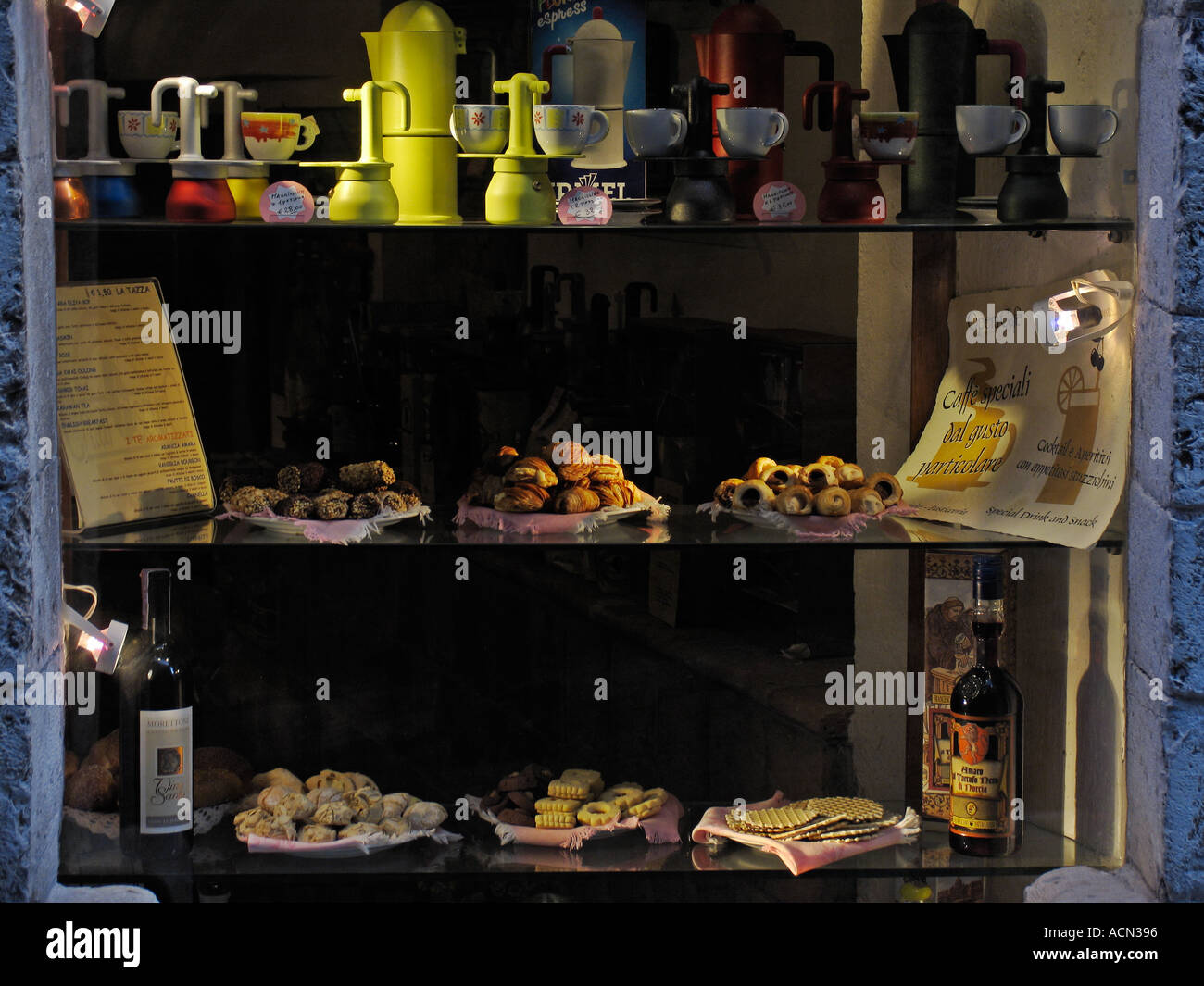 Italian pastry and coffee bar shop window display in Assisi Italy Stock ...