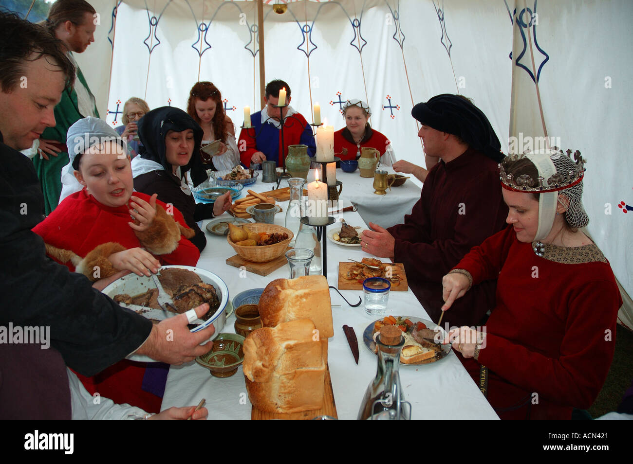 Formal meal in Medieval feasting in tent camp encampment dsc 1400 Stock ...
