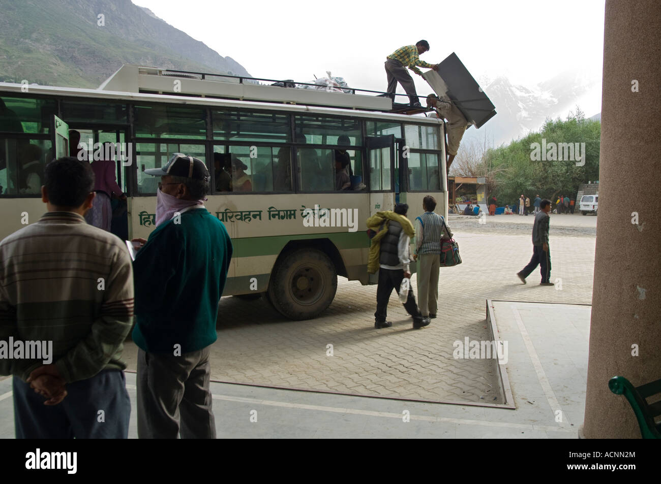 India Himalaya Himachal Pradesh Keylong main bus station view with man ...