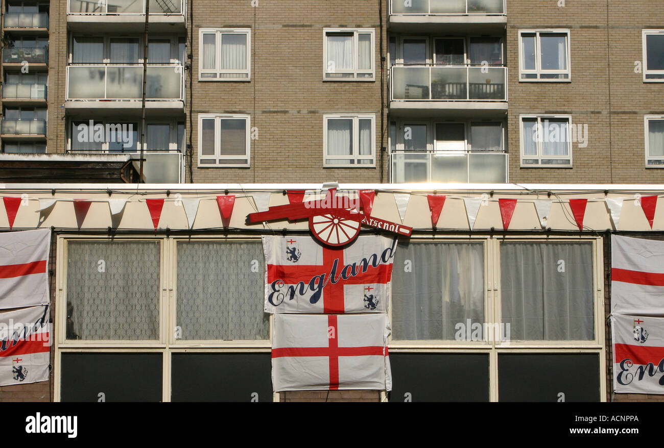 England flags and Arsenal badge on display at a London pub, in support ...