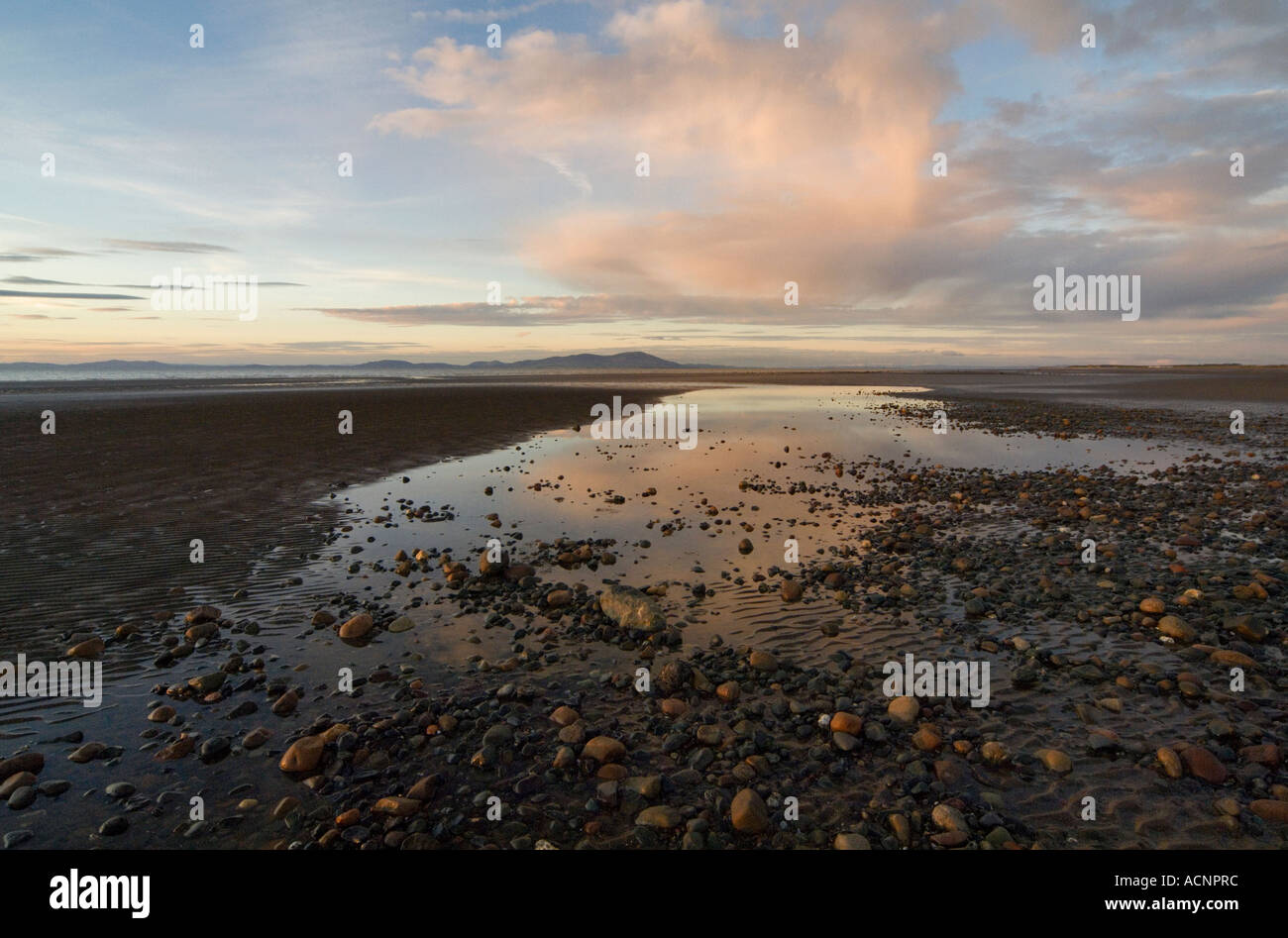 Beach sunset at Allonby west Cumbria looking towards Scotland Solway ...