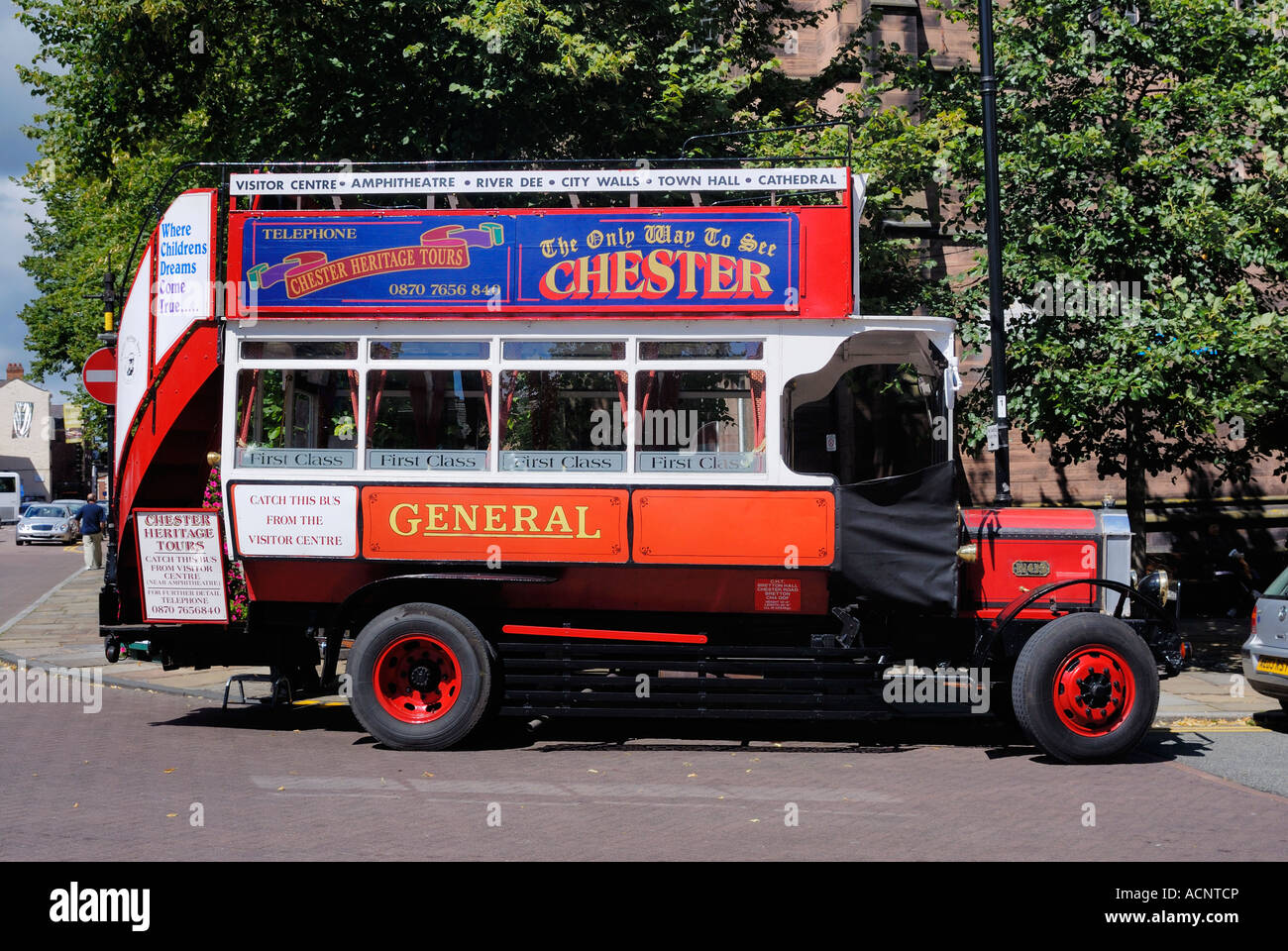 Chester. Authentic replica of a London general Omnibus bus parked ...