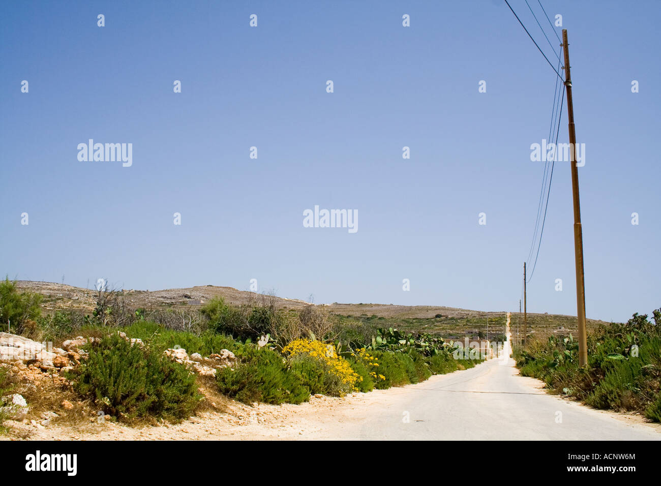 Long road up a slow incline next to telegraph pole Stock Photo - Alamy