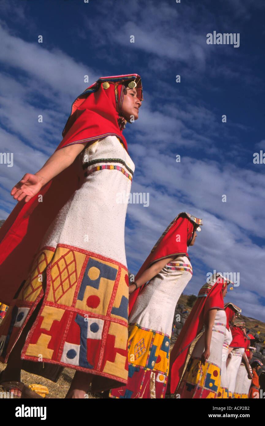 Indian girls dancing at Inti Raymi Incan festival celebrating Winter ...