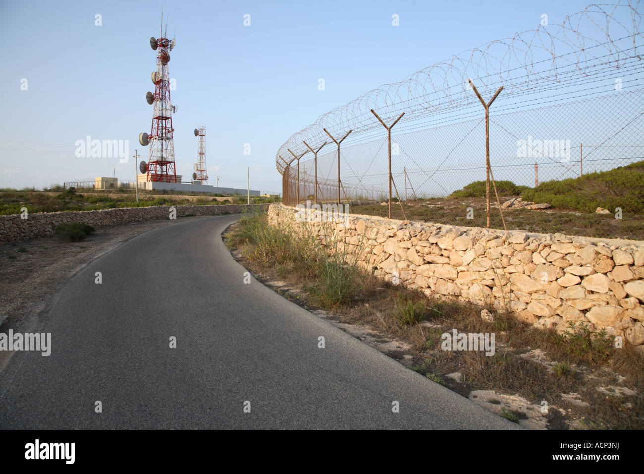 Barbed Wire Fence in a military base at Lampedusa island in Italy ...