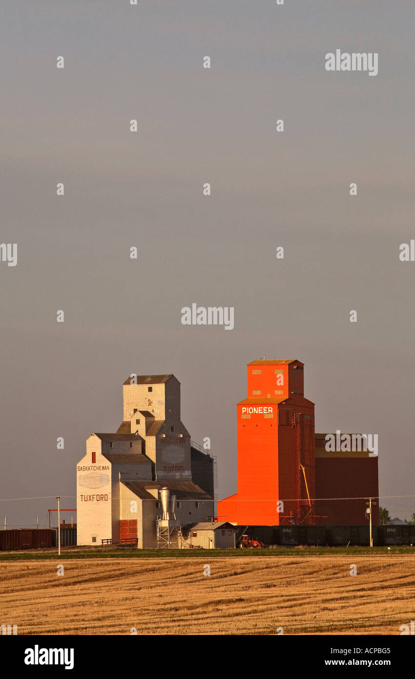 Setting sun lighting the Tuxford grain elevators in scenic Saskatchewan ...