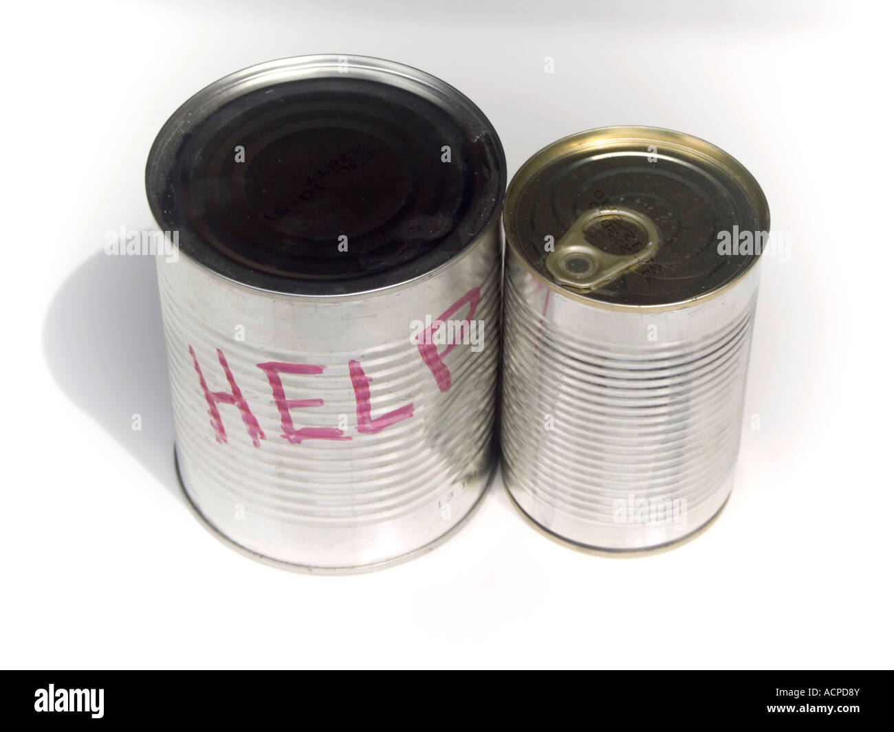 can , food help conceptual on a white background Stock Photo - Alamy