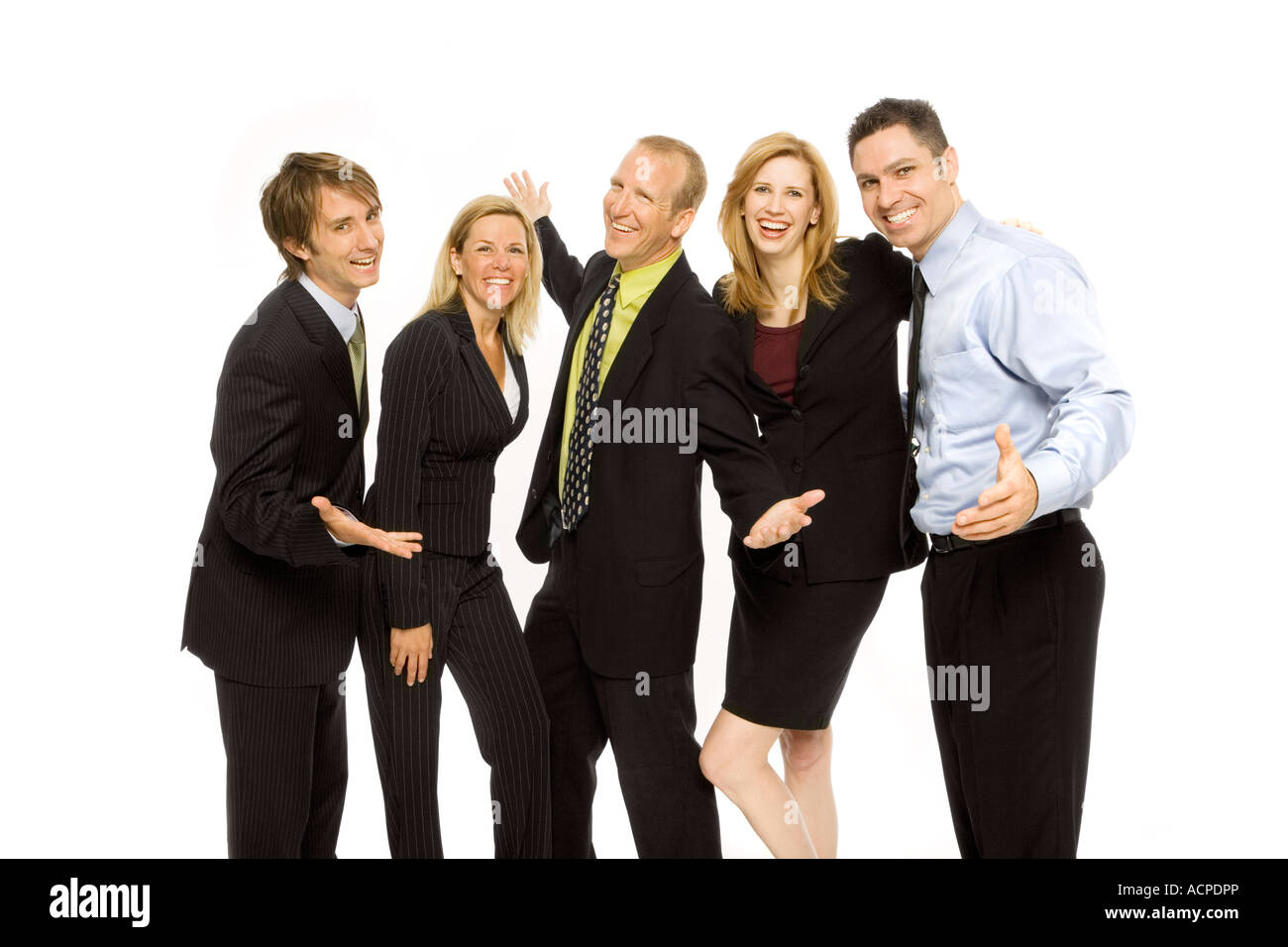 Five business people stand together happily Stock Photo - Alamy