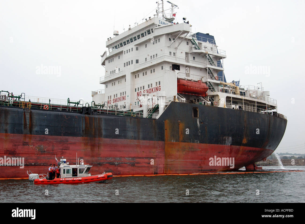An oil tanker ship being inspected by the US Coast Guard in New Haven ...