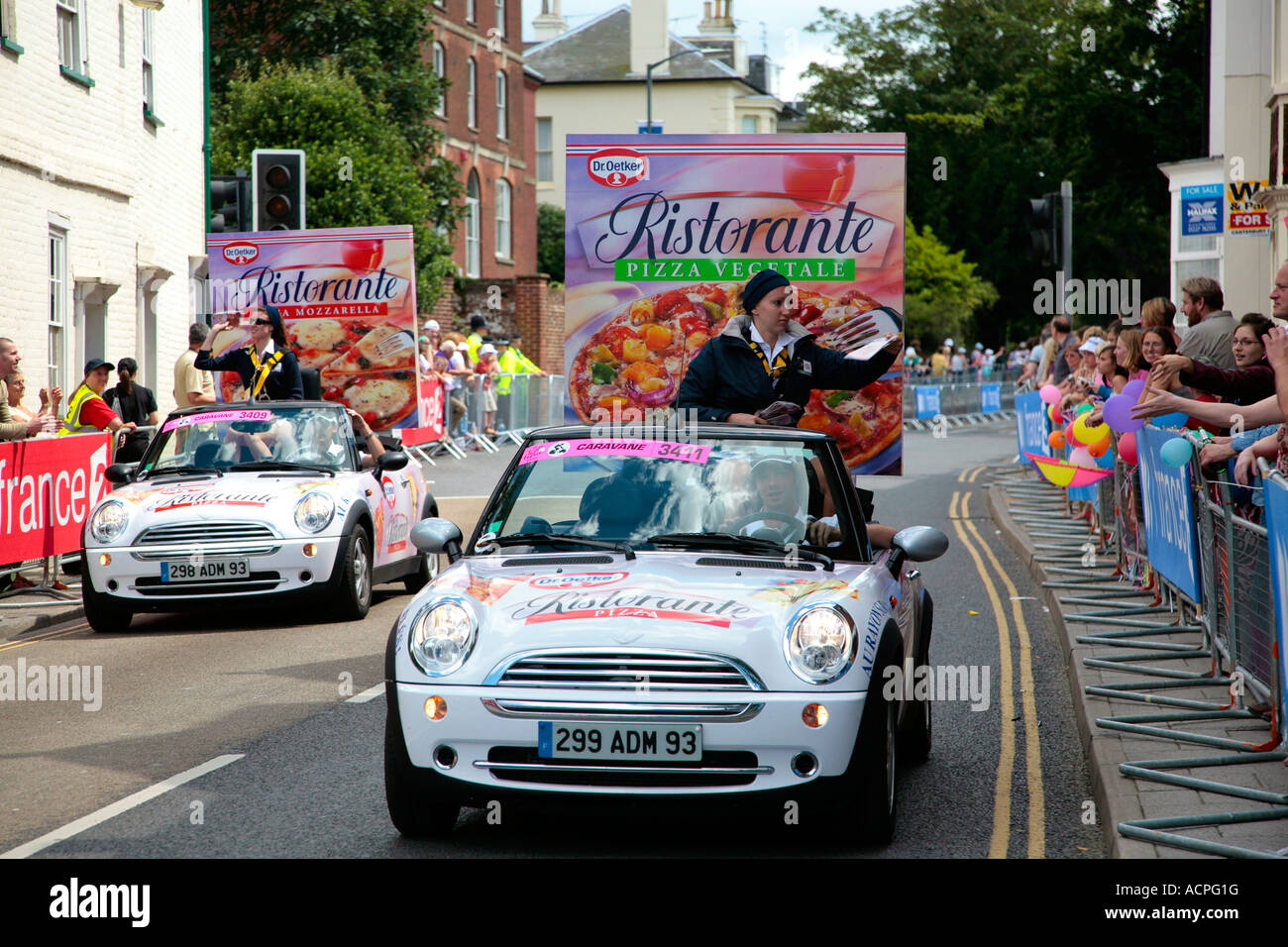 Tour de France pizza publicity vehicles passing through Canterbury Kent ...