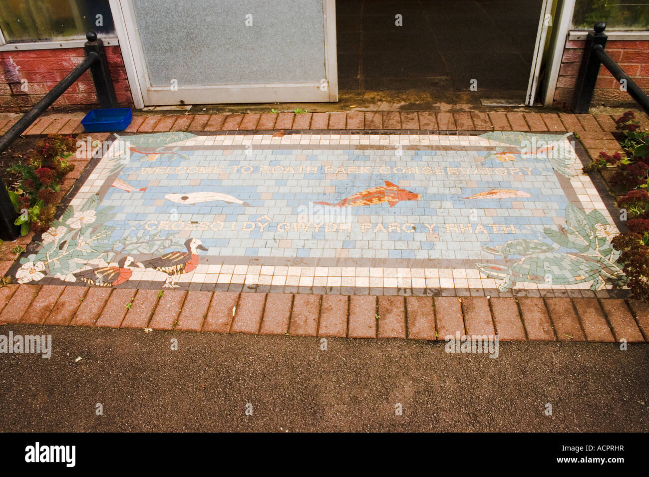 Bilingual welcome mosaic on the floor outside the door of the Tropical ...