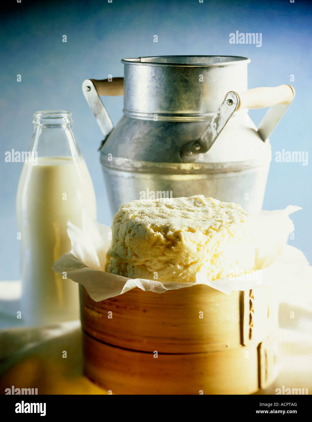 Composition dairy product cheese in front of milk can and bottle Stock ...
