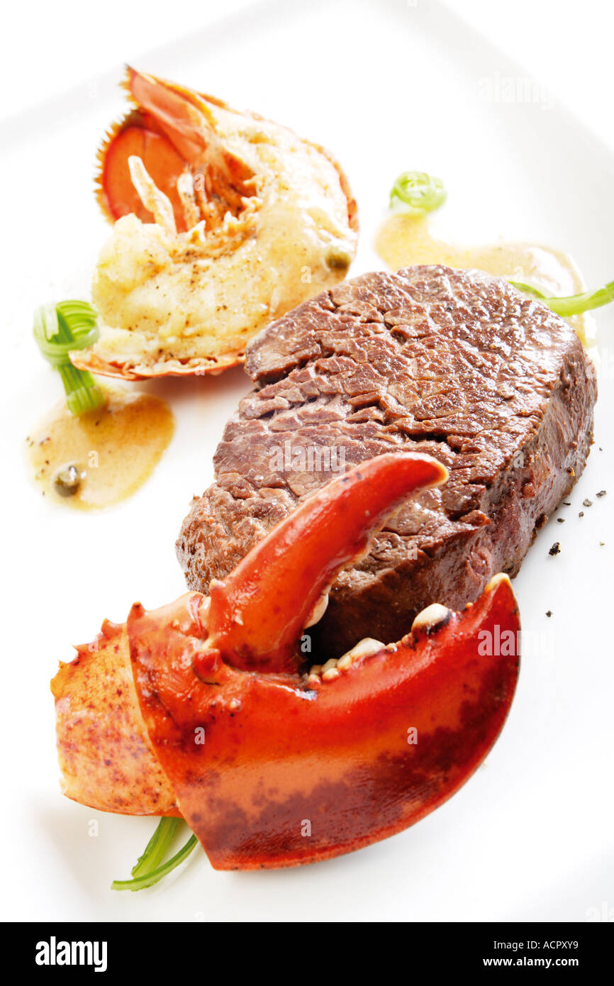 Surf and turf, filet steak with seafood Stock Photo - Alamy