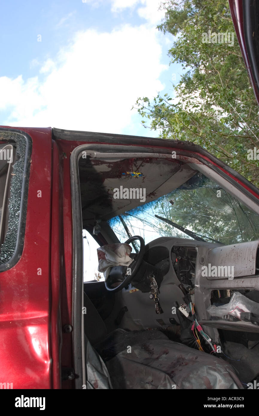 Vehicle involved in fatality traffic accident Blood splatter and smears ...