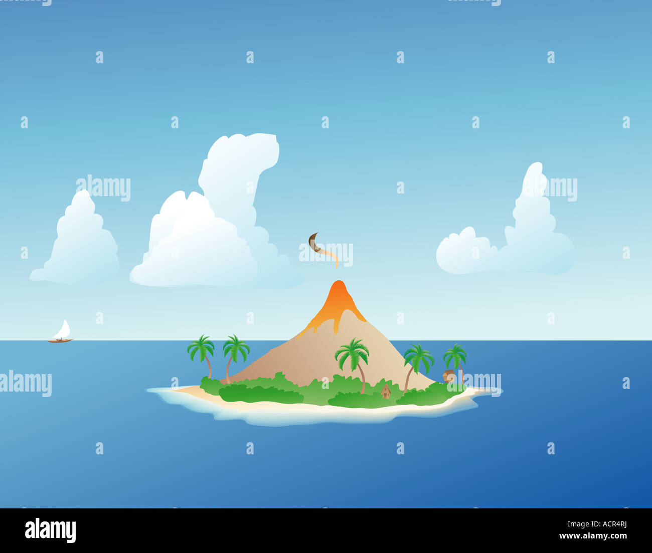 smoking volcano on a lush verdant tropical island Stock Photo - Alamy