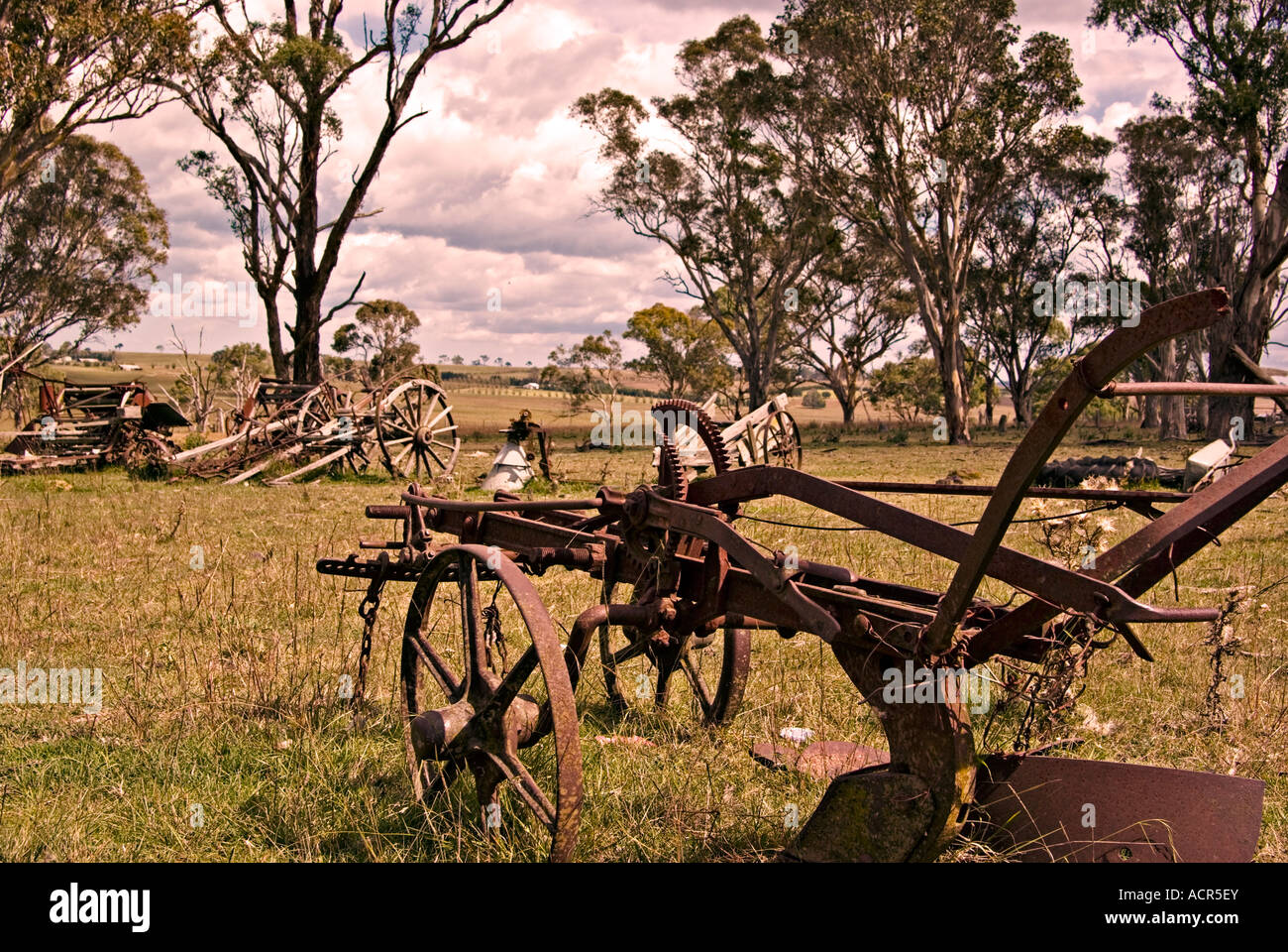 an old rusting horse drawn plow sits in the farm paddock surrounded by ...