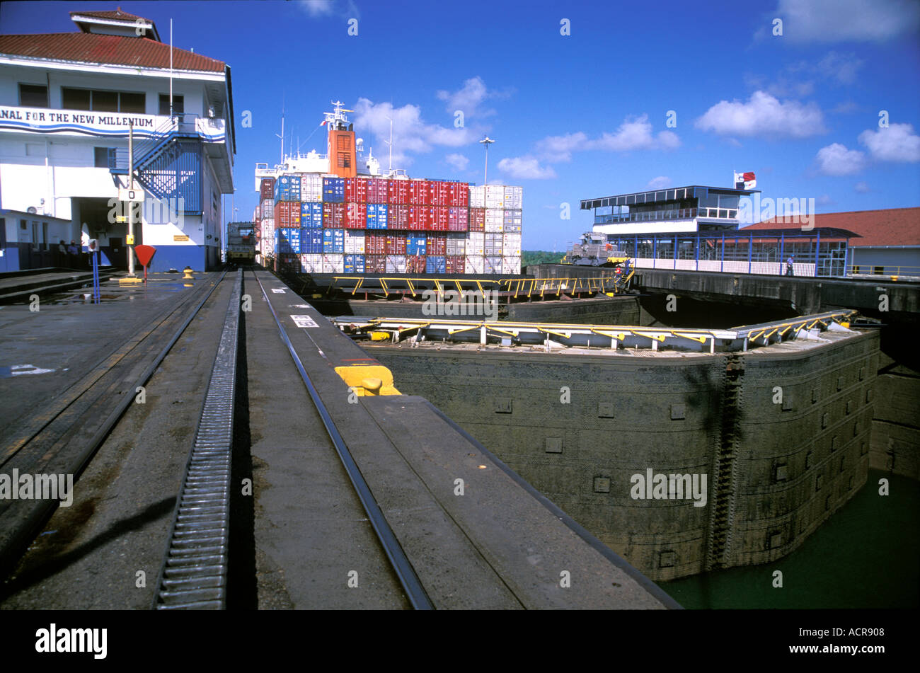 Lock gates close behind container ship, Panama Canal Stock Photo - Alamy