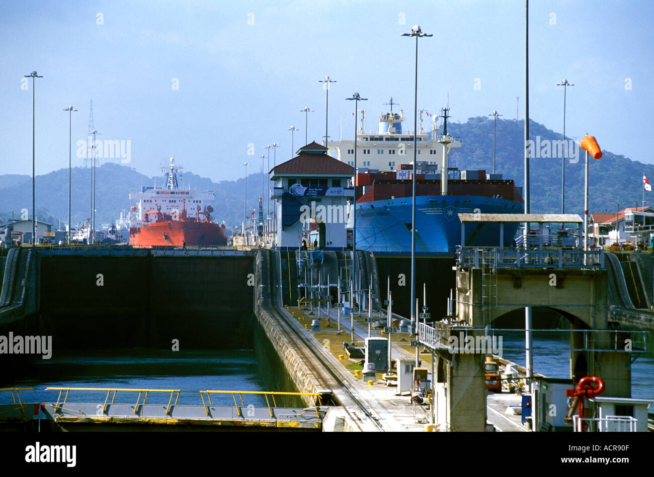 Cargo ships approach lock gates, Panama Canal Stock Photo - Alamy