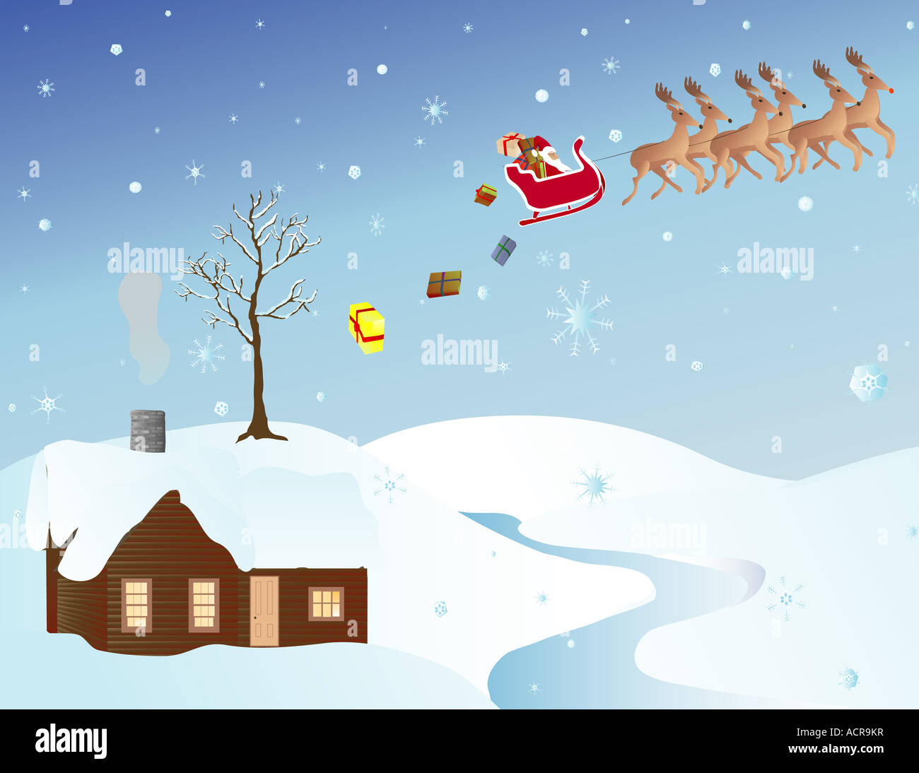 cold winter landscape with Christmas presents dropping out of Santa s ...